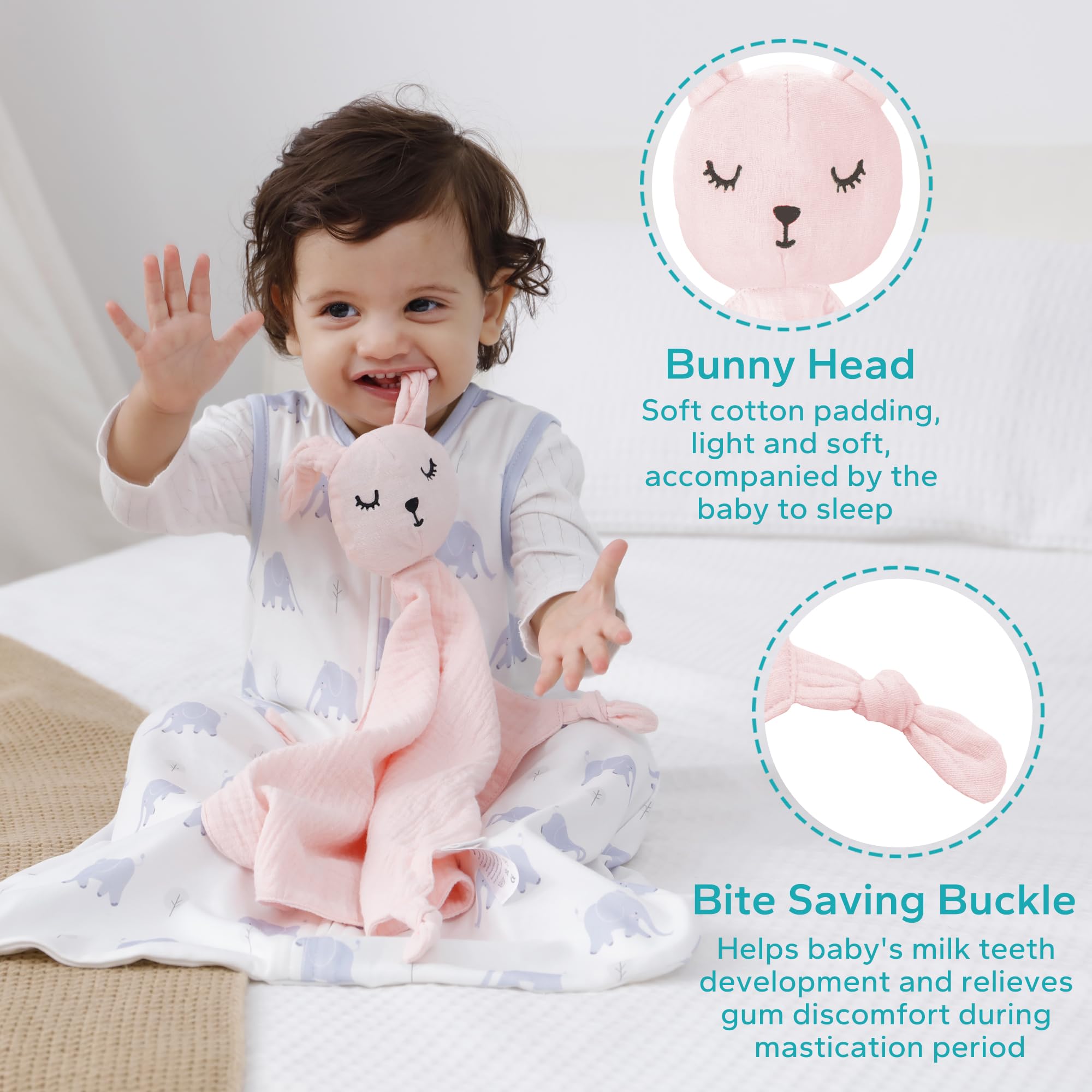 ZIGJOY Bunny Lovey Muslin Cotton Baby Security Blanket Soft Breathable Lovies for Babies Gifts for Newborn Infant Toddler Boys and Girls, Pink