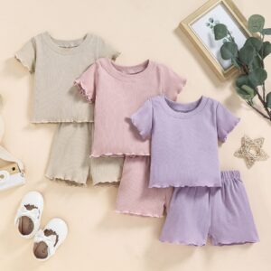 Dimoybabe Toddler Girl Clothes 2T Toddler Girl Summer Outfits Clothes Set Ruffle Ribbed Short Sleeves T-Shirt Tops Shorts Comfy Outfits (Light Purple Ruffle, 2-3T)