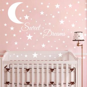 Stars and Moon Wall Decal with Sweet Dreams Quotes Wall Stickers Star Decals for Walls Nursery Wall Decal, White Vinyl Wall Moon Stars Removable Peel and Stick Wallpaper for Kids Girls Boys Bedroom