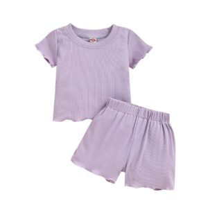 dimoybabe toddler girl clothes 2t toddler girl summer outfits clothes set ruffle ribbed short sleeves t-shirt tops shorts comfy outfits (light purple ruffle, 2-3t)