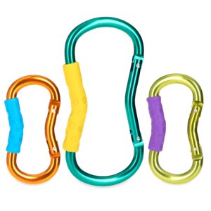 nuby stroller hooks: 3pk, green/multi color, includes 1 large & 2 small carabiner hooks for organizing essentials