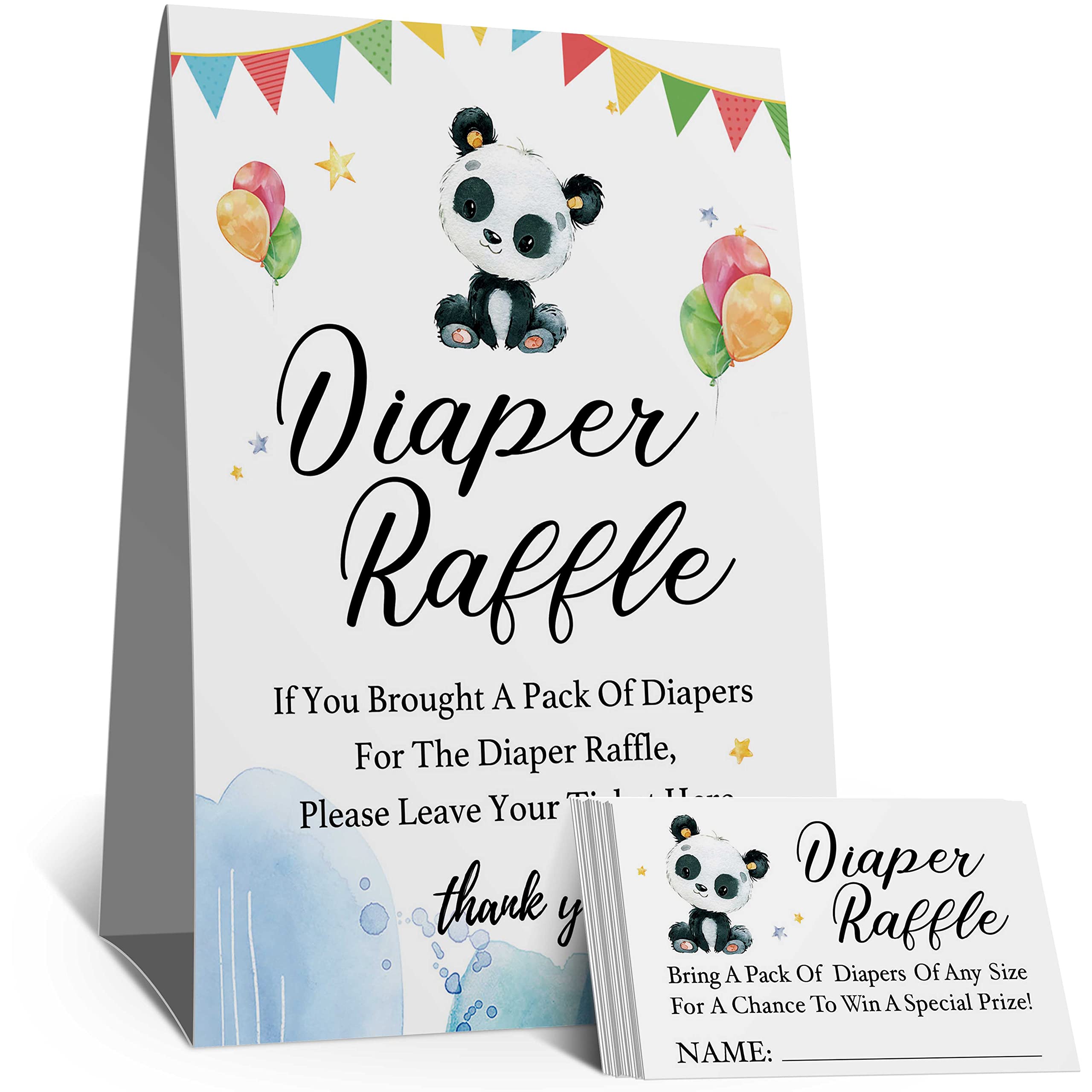 skuhyyg Diaper Raffle Tickets, Diaper Raffle Sign, Baby Shower Game Kit, Panda Bunting Raffle Insert Ticket，Watercolor Panda Balloon Baby Shower Decorations (1 Sign+50 Cards)