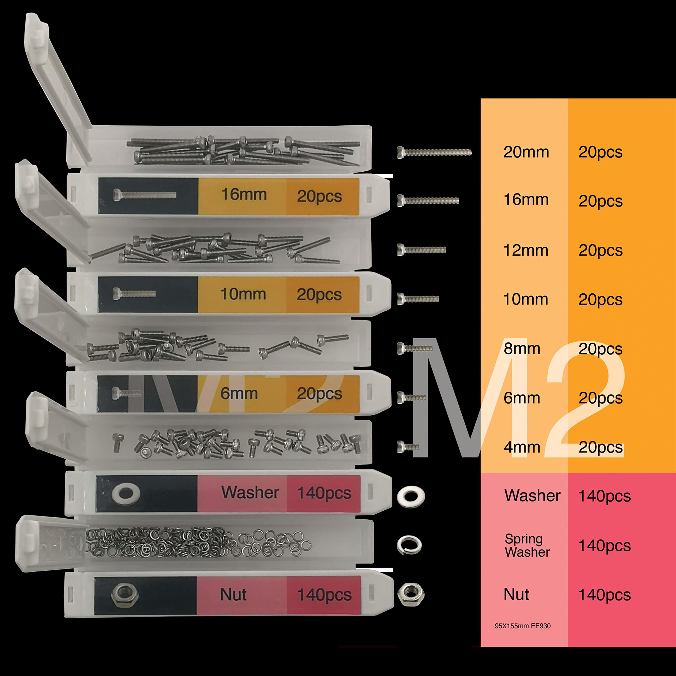 EEEEE M2 540pcs Hex Socket Head Cap Screws Nuts Bolts Kit Stainless Steel M2 x 4 6 8 10 12 16 20 mm Screws Assortment Set with Assorted Washer Spring Washer and Nuts, Individual Slots and lids