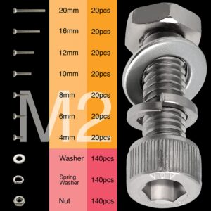 EEEEE M2 540pcs Hex Socket Head Cap Screws Nuts Bolts Kit Stainless Steel M2 x 4 6 8 10 12 16 20 mm Screws Assortment Set with Assorted Washer Spring Washer and Nuts, Individual Slots and lids