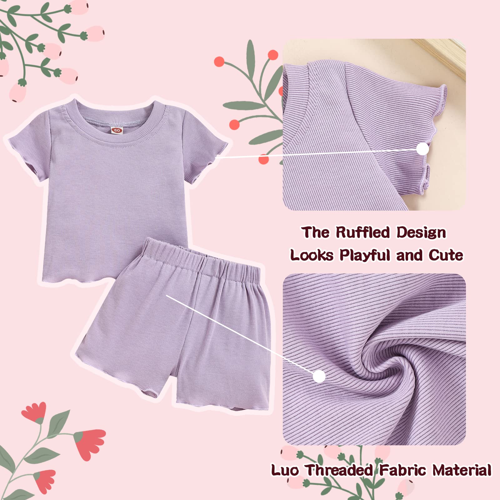 Dimoybabe Toddler Girl Clothes 2T Toddler Girl Summer Outfits Clothes Set Ruffle Ribbed Short Sleeves T-Shirt Tops Shorts Comfy Outfits (Light Purple Ruffle, 2-3T)