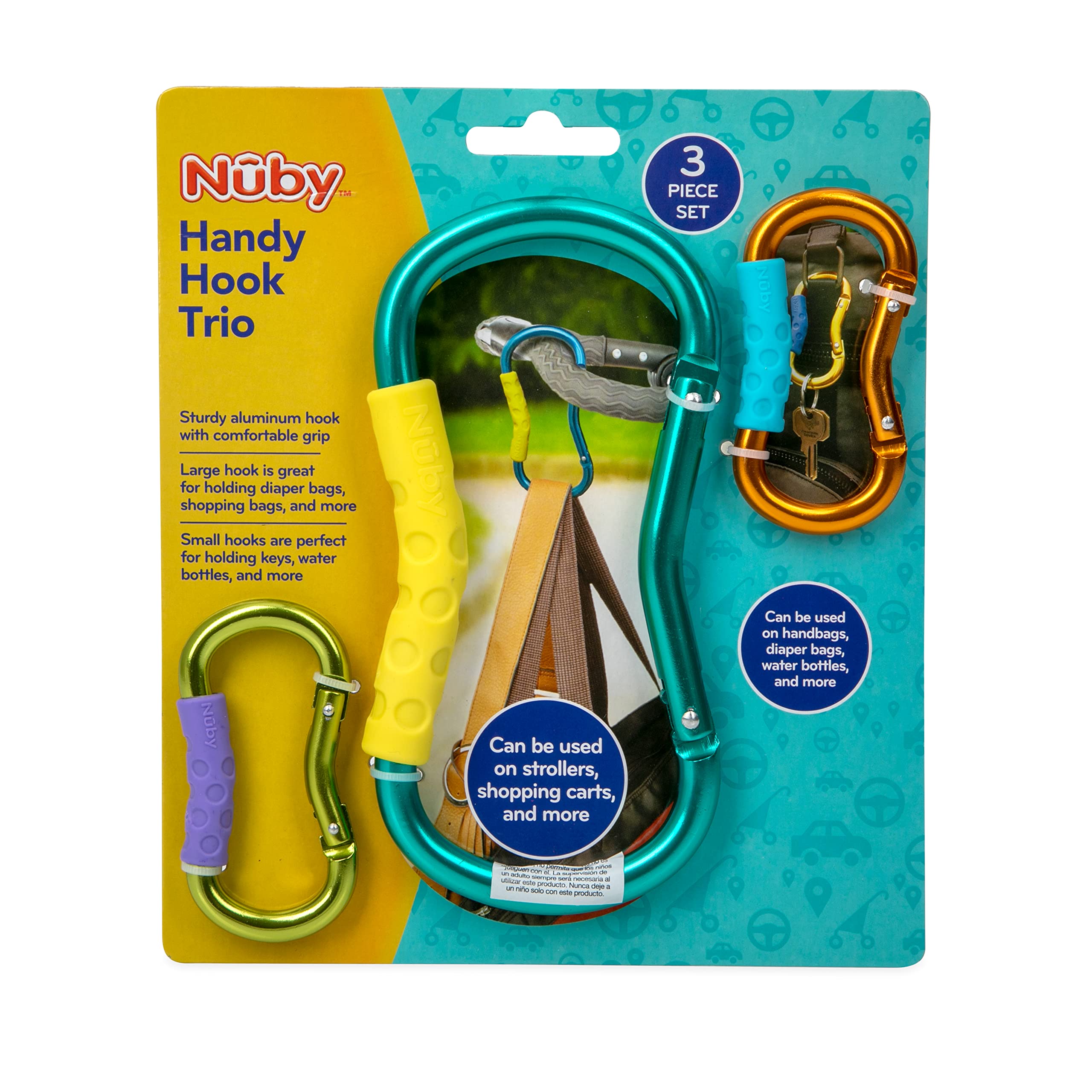 Nuby Stroller Hooks: 3pk, Green/Multi Color, Includes 1 Large & 2 Small Carabiner Hooks for Organizing Essentials