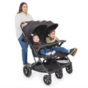 joovy kooper rs2 lightweight travel double stroller featuring dual snack trays, one-handed fold, multi-position reclining seats, adjustable leg rests, and 2 zippered pockets for storage