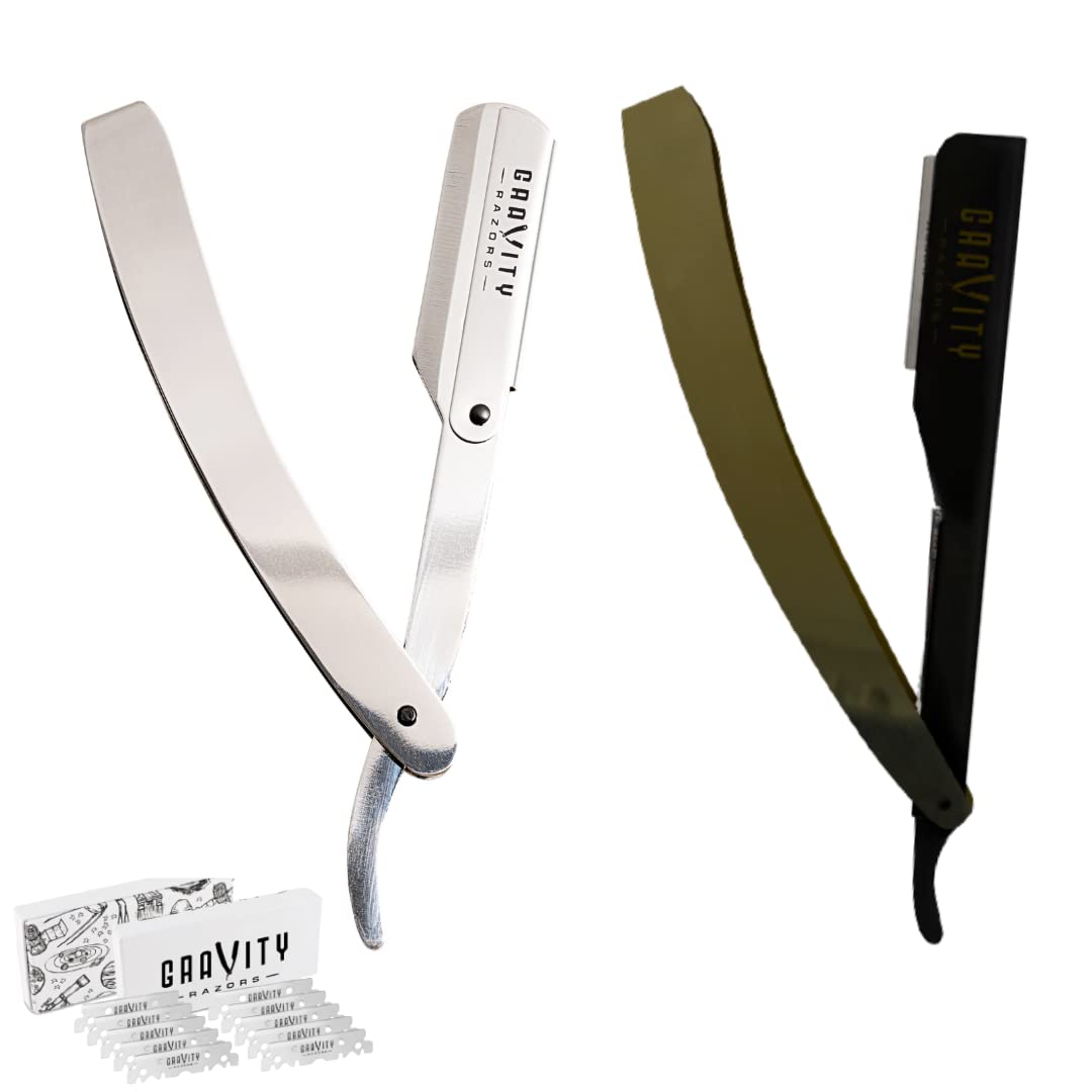 Professional Straight Razor Bundle - Stainless Steel Straight Razor Kit with 20 Gravity Premium Blades (The Reaper, Chicago)