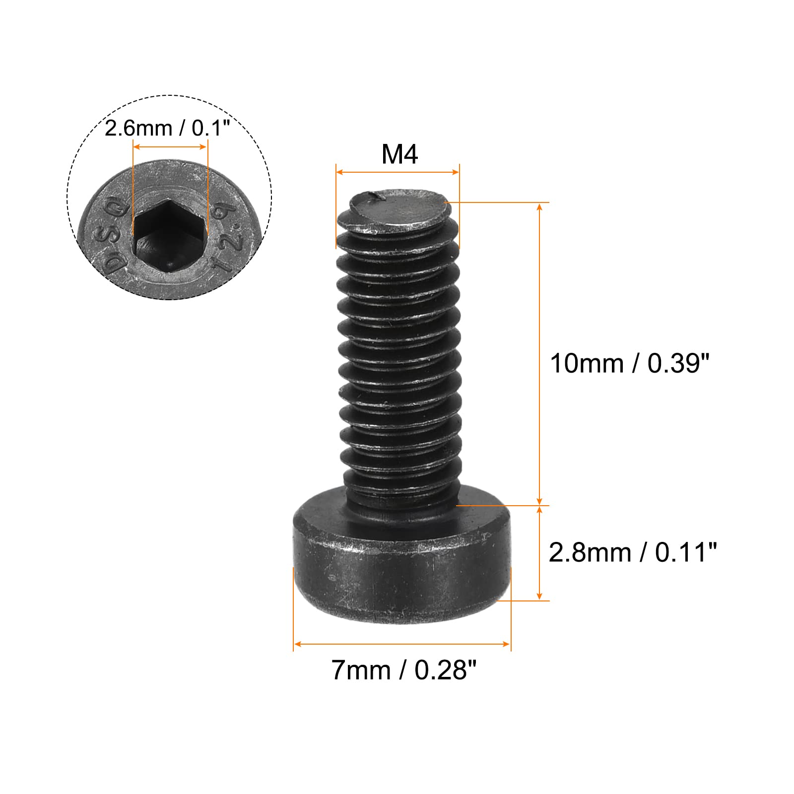 uxcell M4x10mm Hex Socket Thin Head Cap Screw Bolts 12.9 Grade Carbon Steel 50pcs