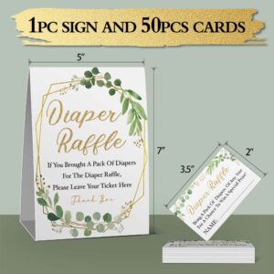 Diaper Raffle Tickets, Diaper Raffle Sign, Greenery Insert Ticket, Golden Baby Showers Decorations，Card for Baby Shower Game to Bring a Pack of Diapers(1 Sign+50 Cards)