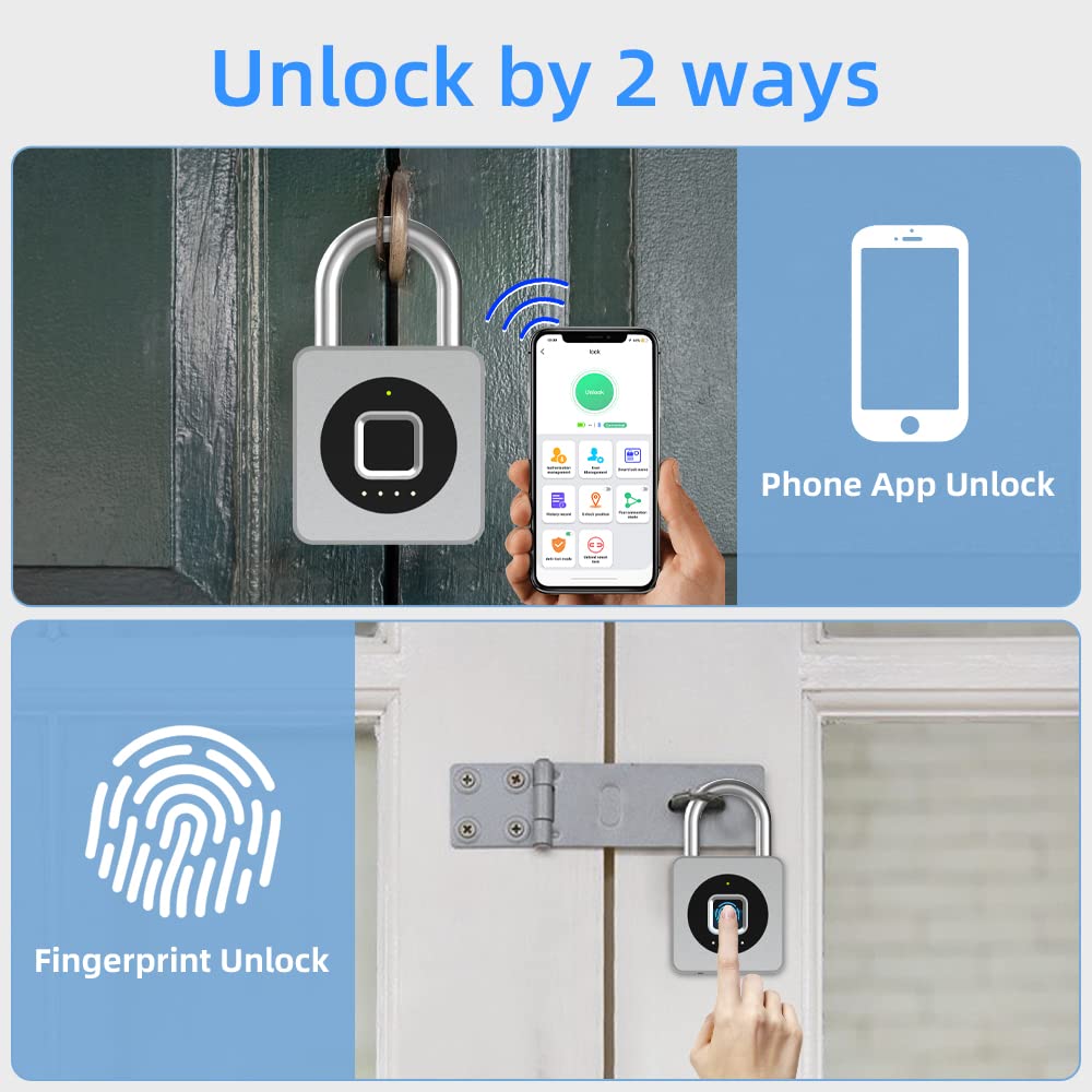 eLinkSmart Gym Locker Padlock - Fingerprint Mobile APP Unlock Remote Unlock: Waterproof Keyless Biometric Padlock for Gym Locker Field Box Footlocker Tool Box Gun Case Type-C Silver