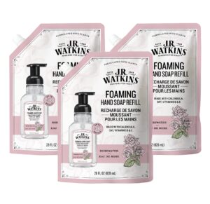 j.r. watkins foaming hand soap refills, all natural, alcohol-free hand wash, cruelty-free, moisturizing hand soap refill for bathroom or kitchen, rosewater, 28 fl oz foam soap refill, 3 pack