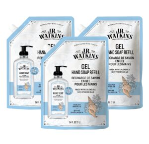 j.r. watkins gel hand soap refill, moisturizing hand wash, all natural, alcohol-free, cruelty-free, usa made, ocean breeze, 34 fl oz, 3 pack