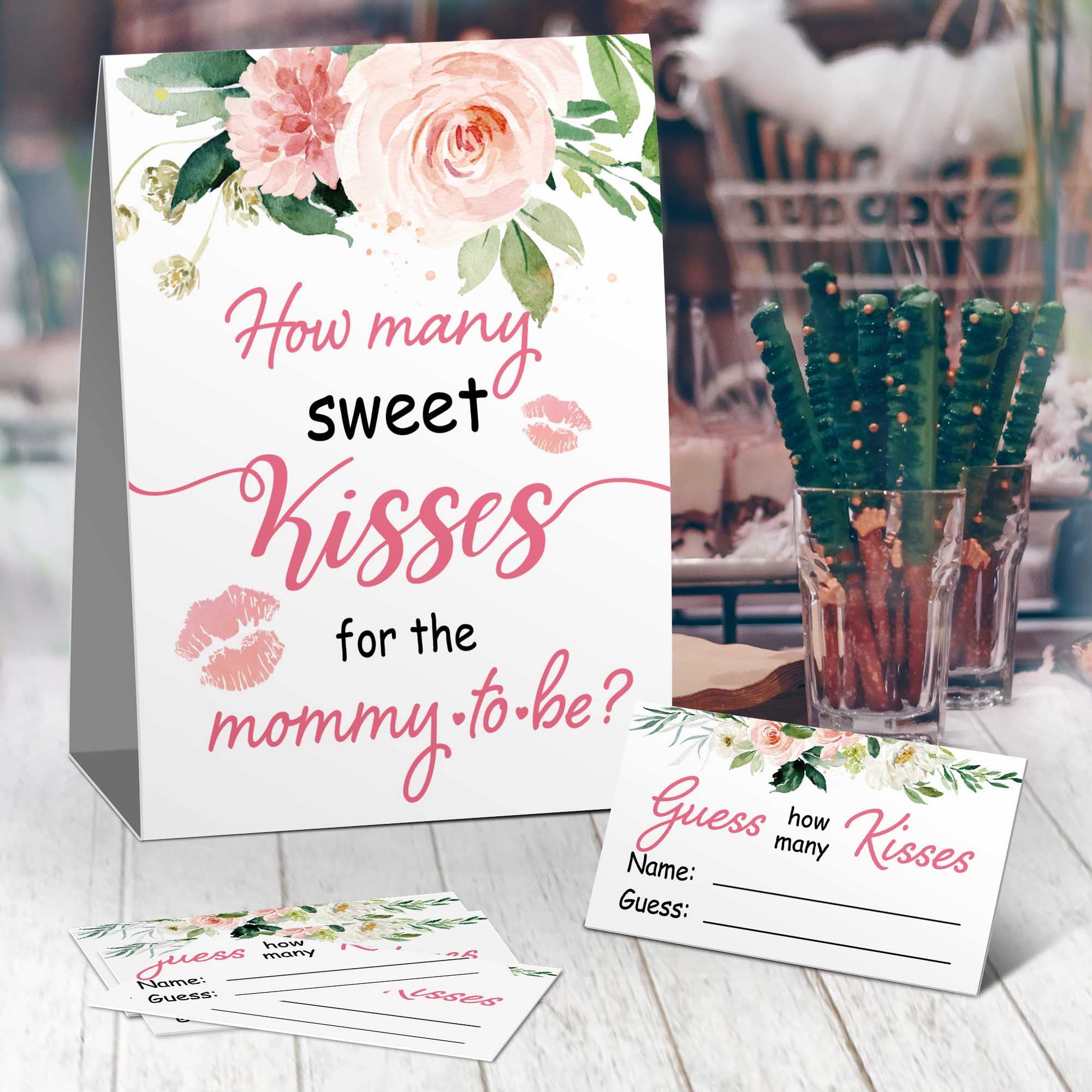 skuhyyg Baby Shower Greeting Card, Watercolor Pink Floral Game Kit (1 Sign, 50 Cards)