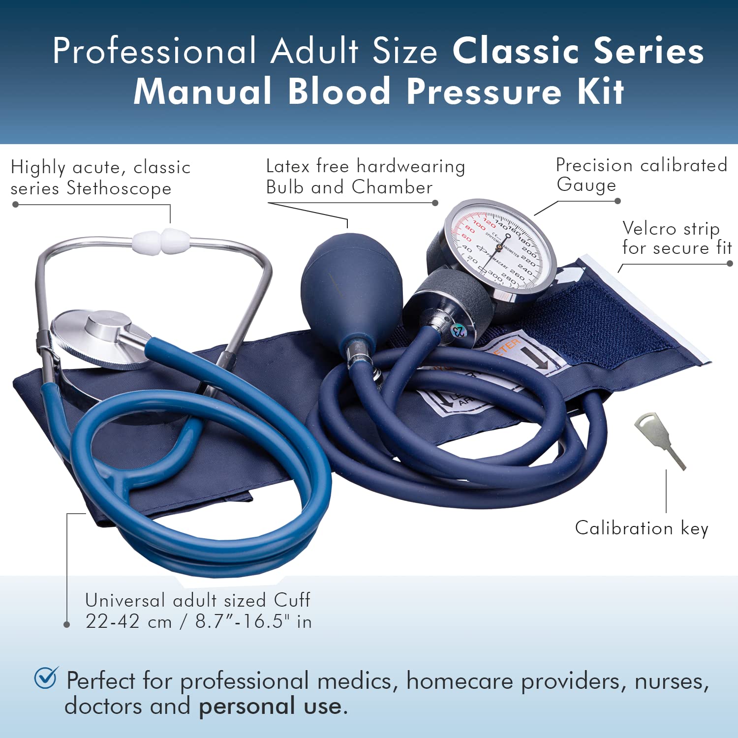 NOVAMEDIC Adult Size Blue Manual Blood Pressure Machine and Stethoscope Kit, BP Monitor with Adjustable Upper Arm Cuff for Monitoring High Blood Pressure, Includes Carrying Case