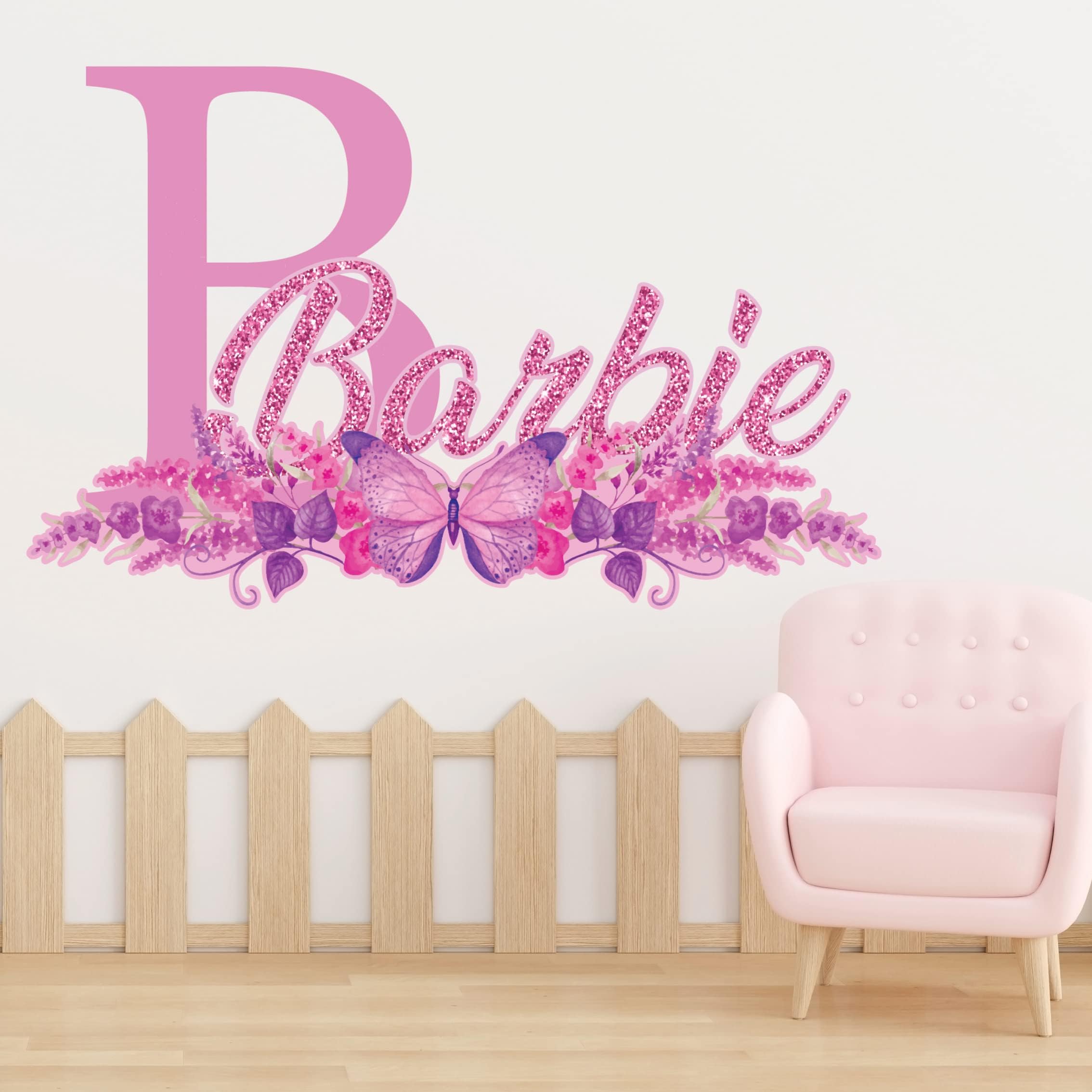 Glitter Custom Name Wall Decal for Girls - Flowers Butterfly Wall Stickers for Girls Bedroom Decor - Girl Name Wall Decal Flowers Personalized Room - Baby Nursery Wall Decals Butterflies Decorations