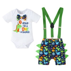 baby boys cake smash clothes dinosaur romper diaper suspenders pants 3pcs set first birthday outfit for photo prop party saurus 12-18 months