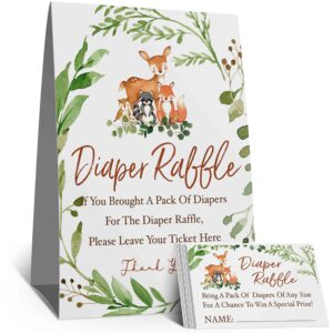 skuhyyg woodland diaper raffle tickets, diaper raffle sign, watercolor eucalyptus leaves woodland diaper baby showers, watercolor woodland forest animals insert ticket(1 sign+50 cards)