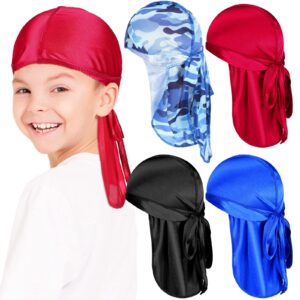 4 pcs kids satin durags head wrap silk durag cap with long tail wide strap 360 waves cap toddler durags for boy girls (black, wine red, blue, camouflage blue)