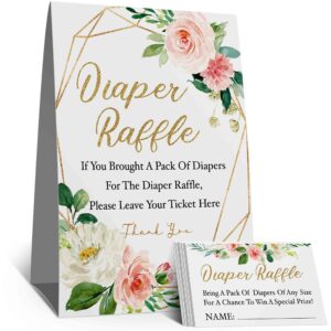 diaper raffle tickets, diaper raffle sign, watercolor pink flowers baby shower game kit, baby showers decorations, card for baby shower game to bring a pack of diapers (1 sign+50 cards)