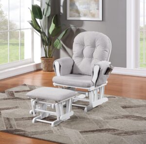 suite bebe carson glider and ottoman in white wood and woven gray fabric