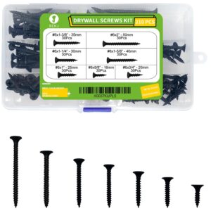 eckj drywall screws kit #6 coarse thread sharp point self tapping screws with phillips drive flat head, black bugle head machine screws assortment set for drywall sheetrock, wood, furniture - 210pcs