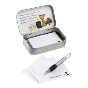 needzo first communion keepsake box with prayer cards, note paper, pencil and collectible tin holder, inspirational religious gift set for boys and girls, 4 inches white