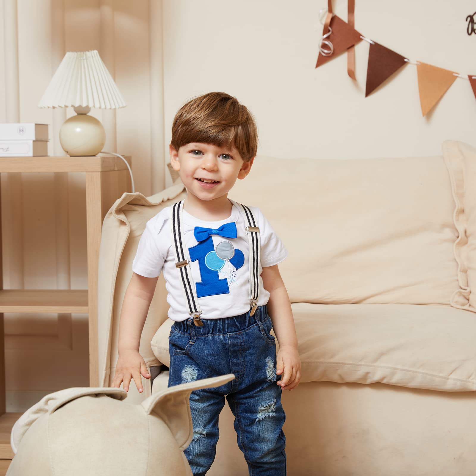 Pinleck Toddler Baby Boy Birthday Clothes Set Bowtie Romper Suspenders Ripped Denim Pants Outfits gifts (Birthday Balloon-1Short, 12-18 Months)