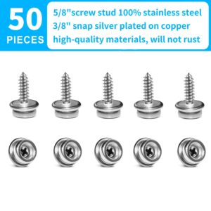 YeeBeny 50PCS Stainless Steel Screws Marine Grade Boat Canvas Snaps 3/8"Socket with Stainless Steel 5/8"Screw, Snaps for Boat Cover, Snap Screw Stud, Made of high-Quality Materials(50pcs)