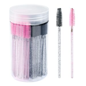 g2plus 100pcs eyelash brush, ajustable disposable mascara wands, crystal lash spoolie, eyebrow spoolie brush with container for makeup, eyelash extensions (black+pink)