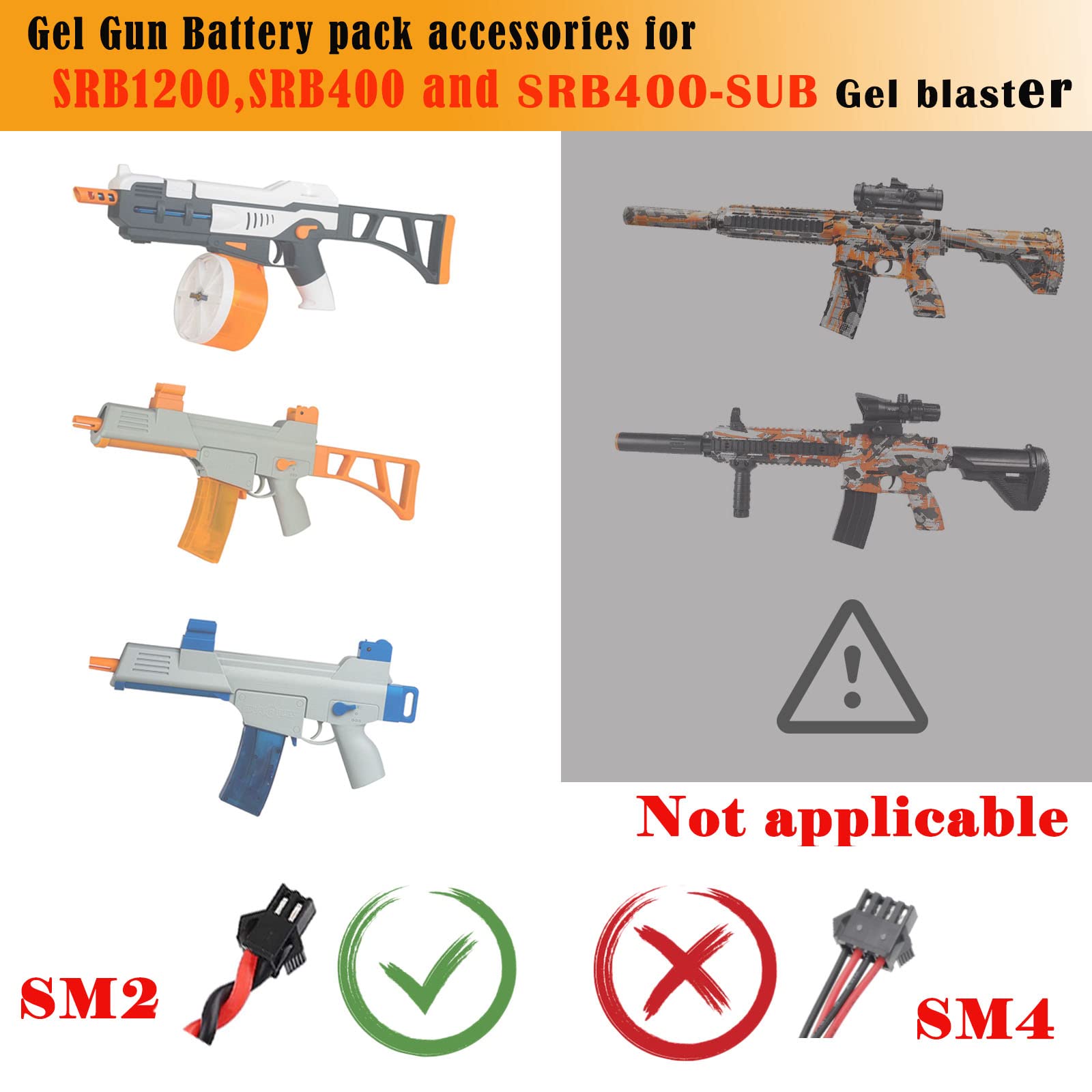 Gel Gun Battery Pack Accessories for SRB1200 400 400-SUB Gel Blaster with USB Charging Cable Rechargeable Lithium Battery SM2P XH-3 Plug 1PCS