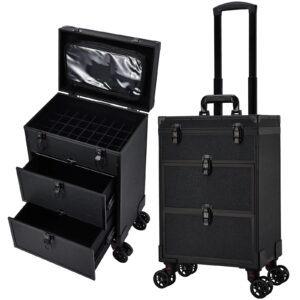 professional 3 in 1 rolling makeup case cosmetology case on wheels 2 large drawer nail case trolley traveling cosmetic train case with makeup pouch for artists nail technician salon cart trunk black