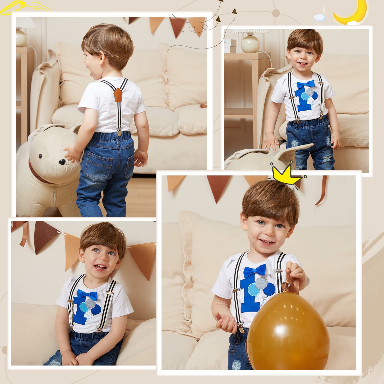 Pinleck Toddler Baby Boy Birthday Clothes Set Bowtie Romper Suspenders Ripped Denim Pants Outfits gifts (Birthday Balloon-1Short, 12-18 Months)