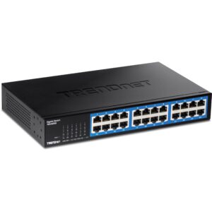 trendnet 24-port gigabit desktop switch, teg-s25d, 24 x gigabit rj-45 ports, 48gbps switching capacity, fanless design, metal enclosure, internal power supply, lifetime protection, black