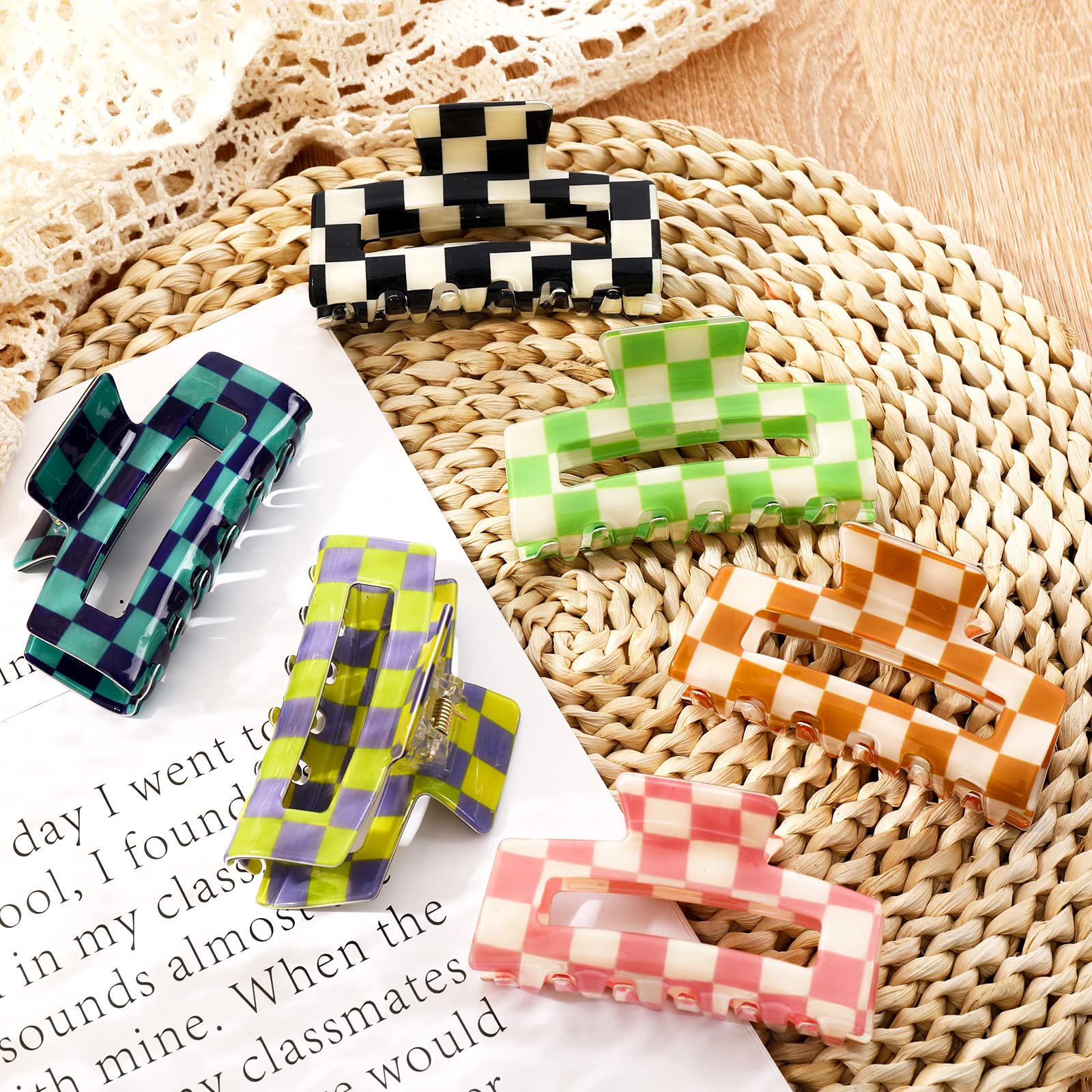 Whaline 6 Pack Checkered Hair Claw Clips Strong Hold Rectangle Hair Claw Multicolored Plaid Non-Slip Catch Hair Clips Jumbo Hair Styling Accessories for Women Girls Thin Thick Hair