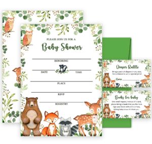 yuzioey 50 woodland baby shower invitations, forest woodland greenery invitations macthing envelpoes, diaper raffle tickets, book request cards, forest creatures invitations