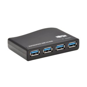 tripp lite 4-port usb-a mini hub - usb 3.2 gen 1, up to 5 gigabits per second, plug-and-play no software needed, international plug adapters for uk, eu, & australia - 1-year warranty (u360-004-r-int)