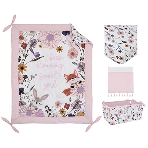 NoJo Keep Blooming Pink, White, Purple and Gold, Flowers, Fox, Bunny and Birds "Keep Blooming Sweet Girl" 4 Piece Nursery Crib Bedding Set - Comforter, 100% Cotton Fitted Crib Sheet, Crib Skirt