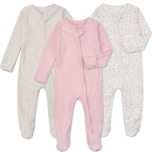 aablexema baby footie pajamas with mittens - 3pcs infant footed sleeper cotton sleepwear outfits(grey khaki/dot/pink, 9-12m)