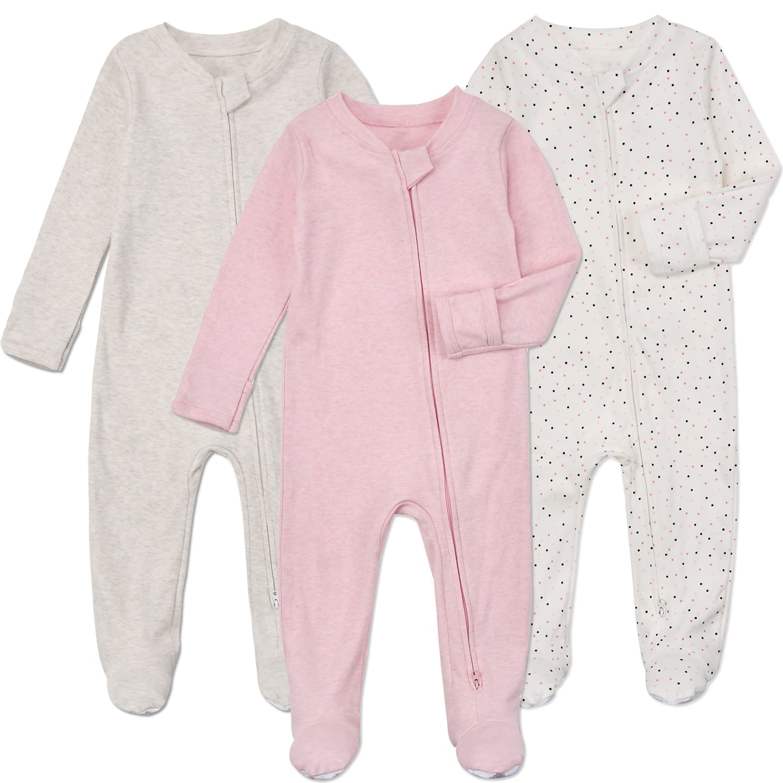 Aablexema Baby Footie Pajamas with Mittens - 3Pcs Infant Footed Sleeper Cotton Sleepwear Outfits(Grey Khaki/Dot/Pink, 9-12M)