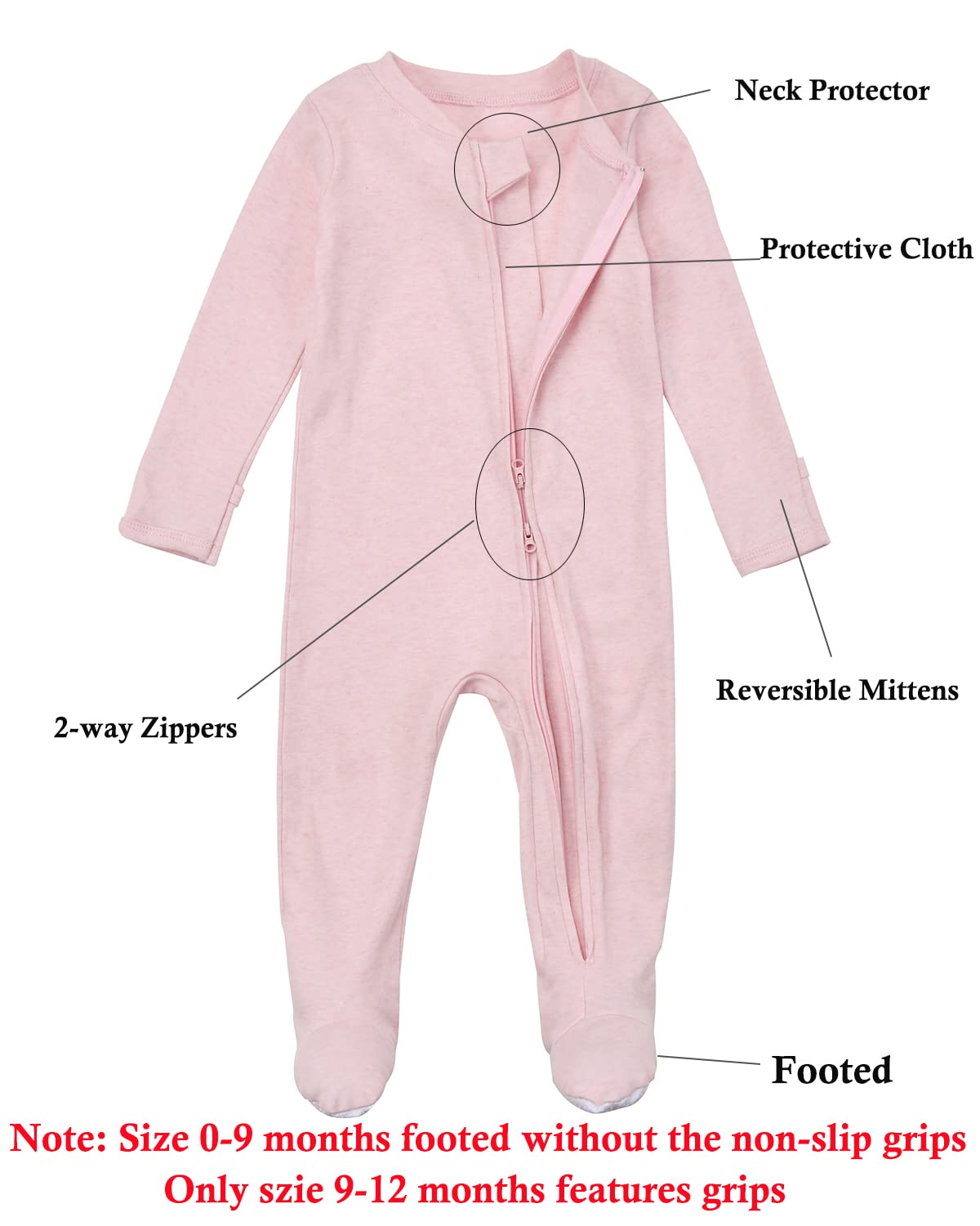 Aablexema Baby Footie Pajamas with Mittens - 3Pcs Infant Footed Sleeper Cotton Sleepwear Outfits(Grey Khaki/Dot/Pink, 9-12M)