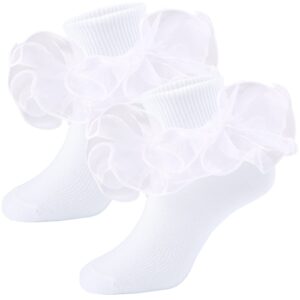 mini angel girls ruffle socks double lace frilly dress socks kids turn cuff socks for little girls 2 pack (white, 4-6 years)