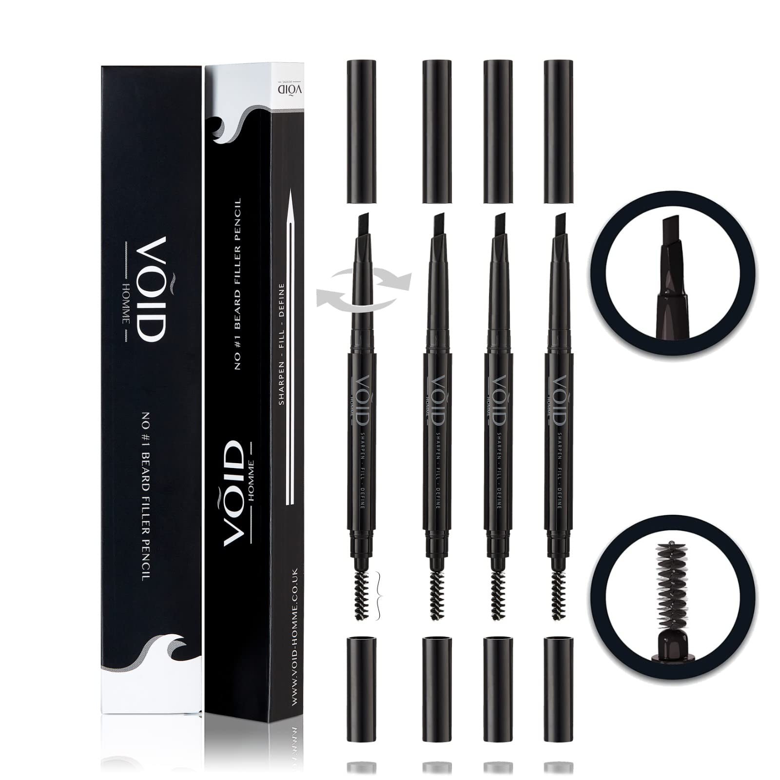 VOID Homme Beard Pencil Filler for Men (Black, Set of 4) - Instant Full Beard Pen Kit with Easy Liner and Waterproof Filling Pencil