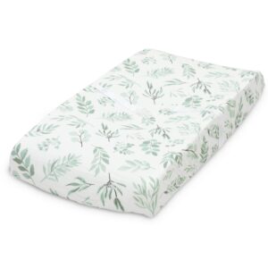 organic muslin changing pad cover - fitted baby changing mat, soft and breathable, eucalyptus leaves, 16”x32”