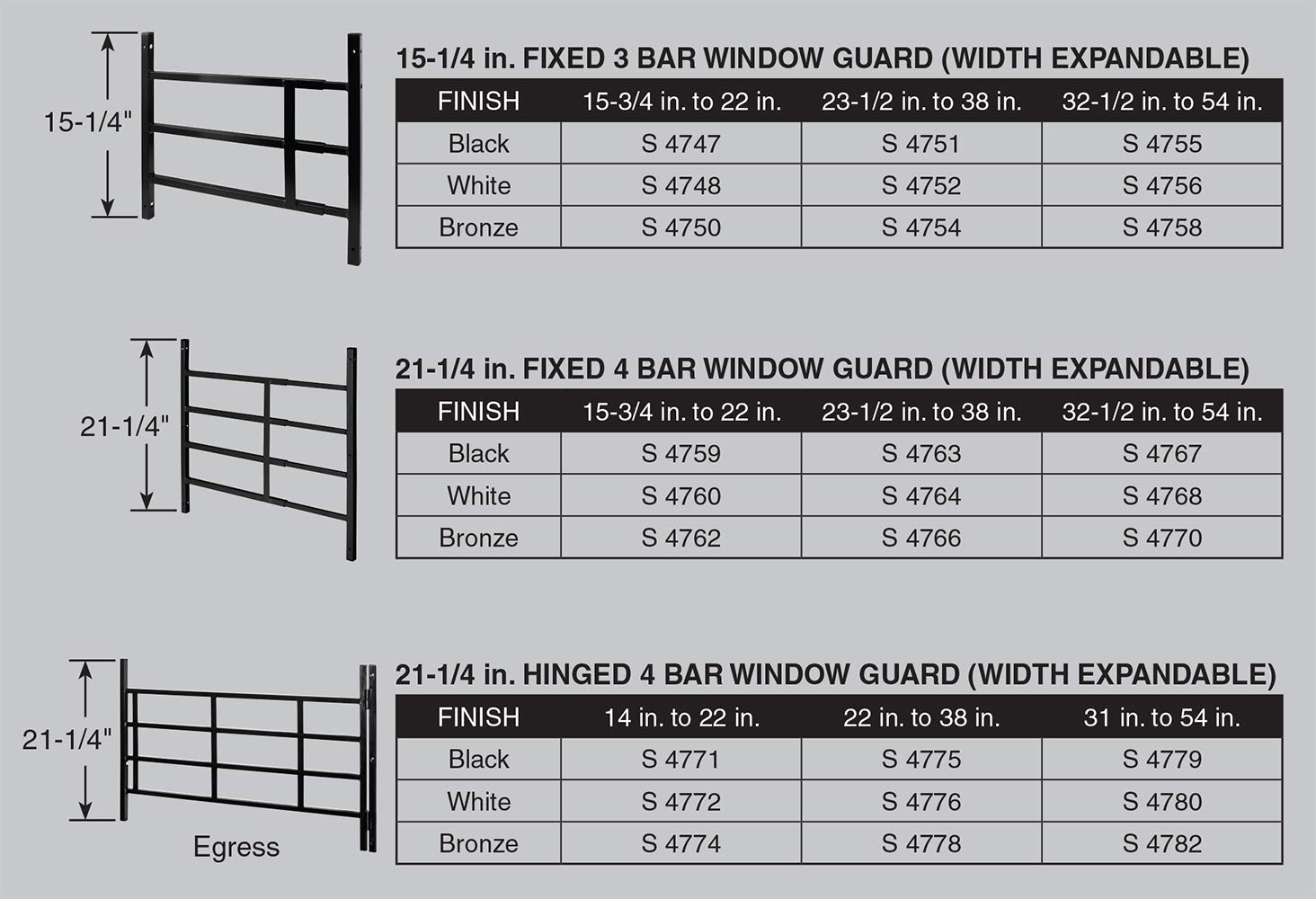 Prime-Line S 4752 Carbon Steel Fixed 3-Bar Window Grill for Home Security and Child Safety, 23-1/2 In. to 38 In., White (5 Sets)