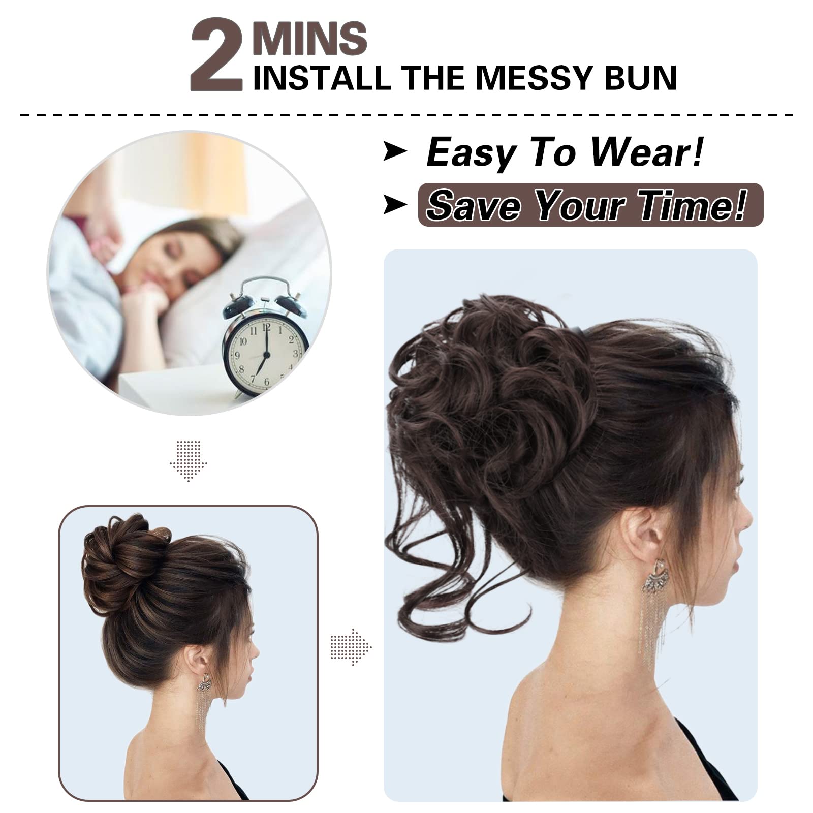 HMD 5 Pieces Messy Hair Bun Hairpiece Tousled Updo for Women Hair Extension Ponytail Scrunchies with Elastic Rubber Band Long Updo Messy Hairpiece Hair Accessories Set for Women (6A)