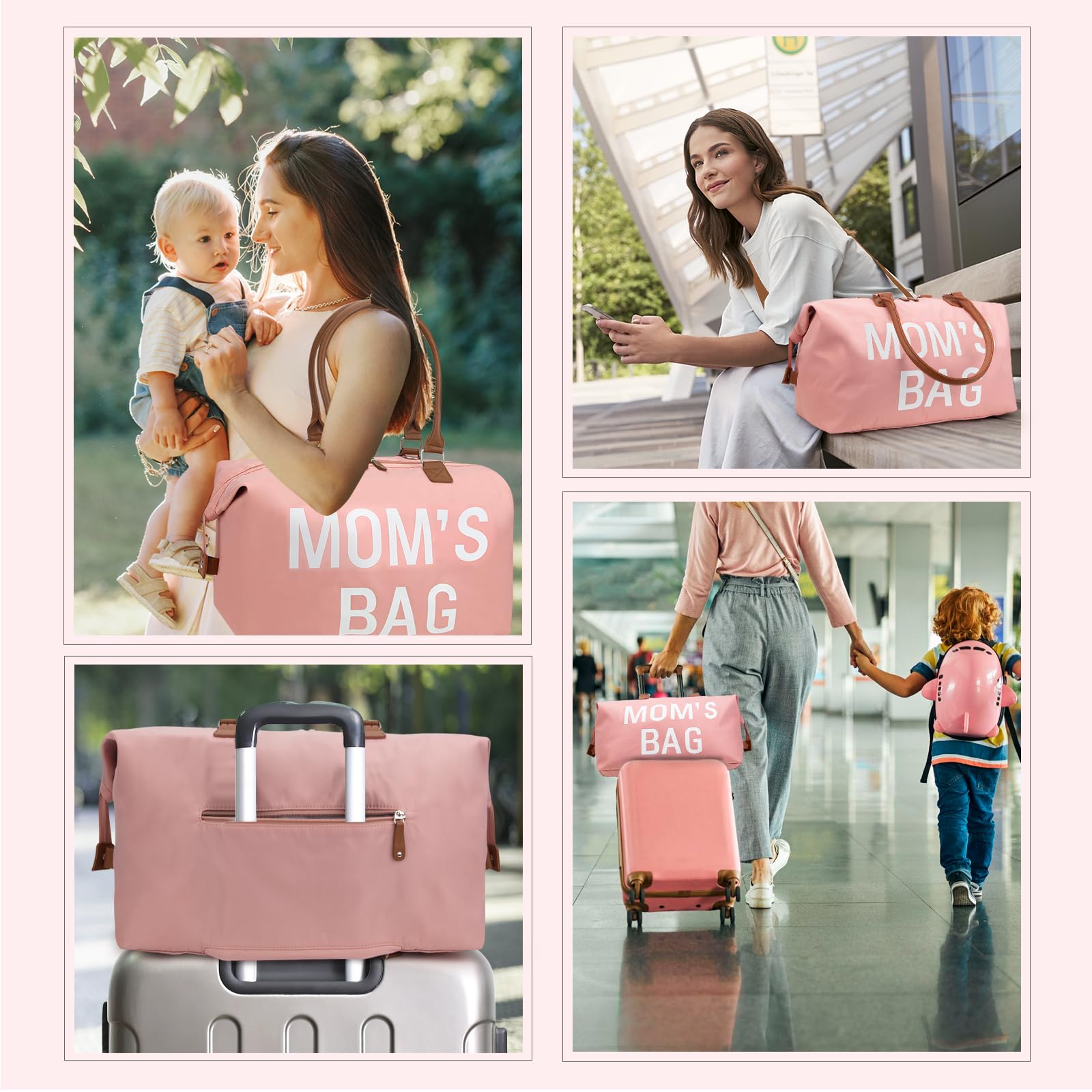 printe Mommy Tote Bag for Hospital, Large Capacity Diaper Bag for 2 Kids, Waterproof Hospital Bag for Labor and Delivery with Straps, Travel Baby Diaper Bag, Pink