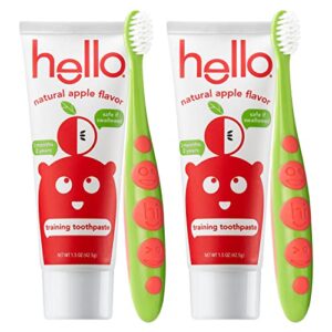 hello natural apple flavored training toothpaste and toddler bundle, for kids age 2 months to 3 years, safe to swallow for baby and infants, vegan, sls free, gluten free 4 piece set(pack of 2)