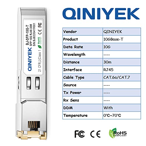 QINIYEK 10G SFP+ to RJ45 Transceiver, 10GBase-T Copper SFP+ Module for Cisco SFP-10G-T-S, Ubiquiti UniFi UF-RJ45-10G, MikroTik S+RJ10, Netgear AXM765, Fortinet, Cat.6a/7, up to 30m (Pack of 4)