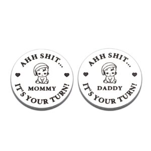 funny baby gift new dad mom decision coin gifts for dad mom to be, pregnancy gifts for first time moms dads daddy mummy, baby shower announcement, new parents gifts for fathers day, double-sided